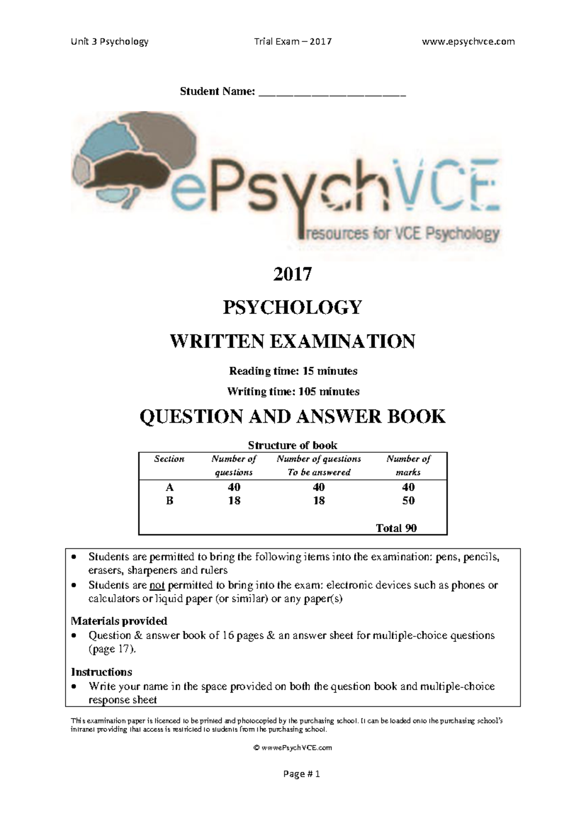 E Psych VCE Unit 3 Practice Exam - Student Name ...