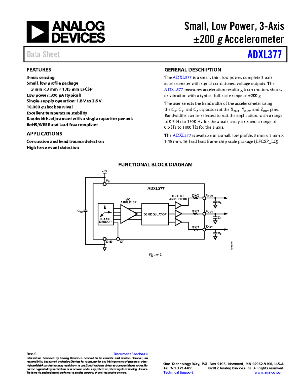 ADXL377 - Caracteristicas sensor - Small, Low Power, 3-Axis ±200 g ...