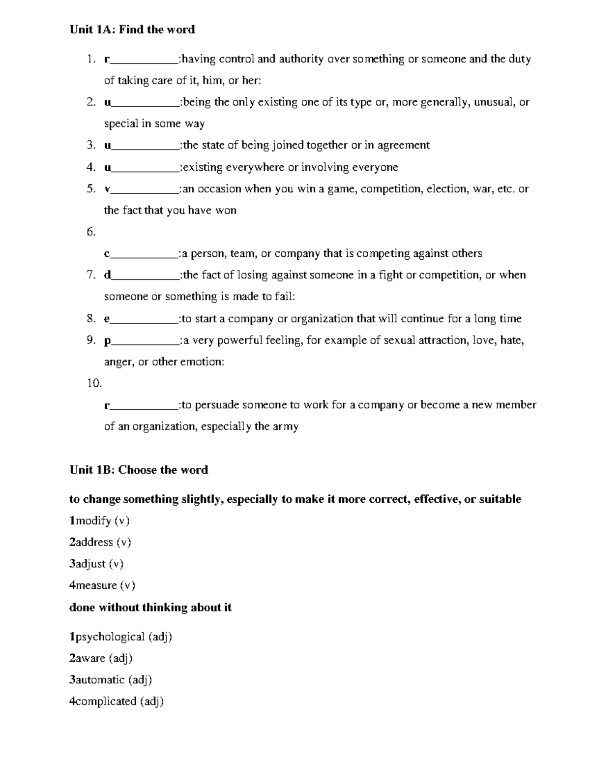 Vocab extra practice - do the ex - Unit 1A: Find the word 1. r ...