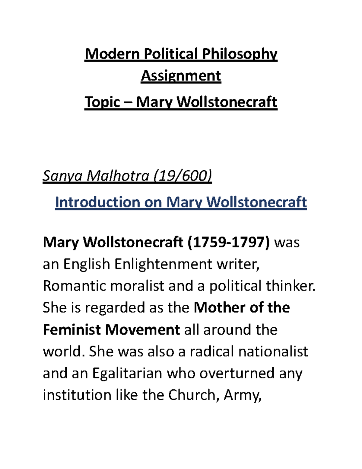 Mary (Intro and conclusion) - Modern Political Philosophy Assignment ...