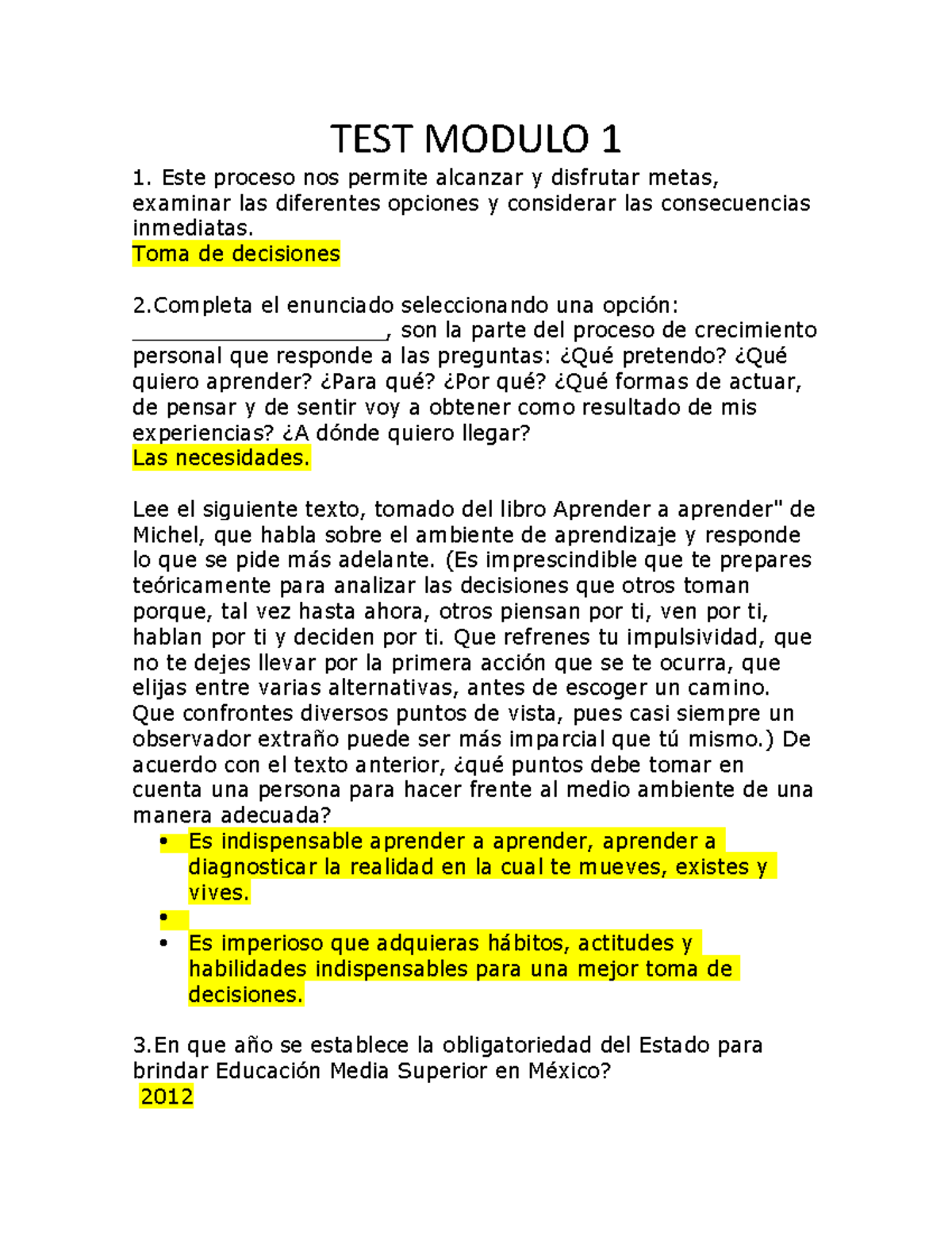TEST Modulo 1 - prepa - TEST MODULO 1 examinar las diferentes opciones ...