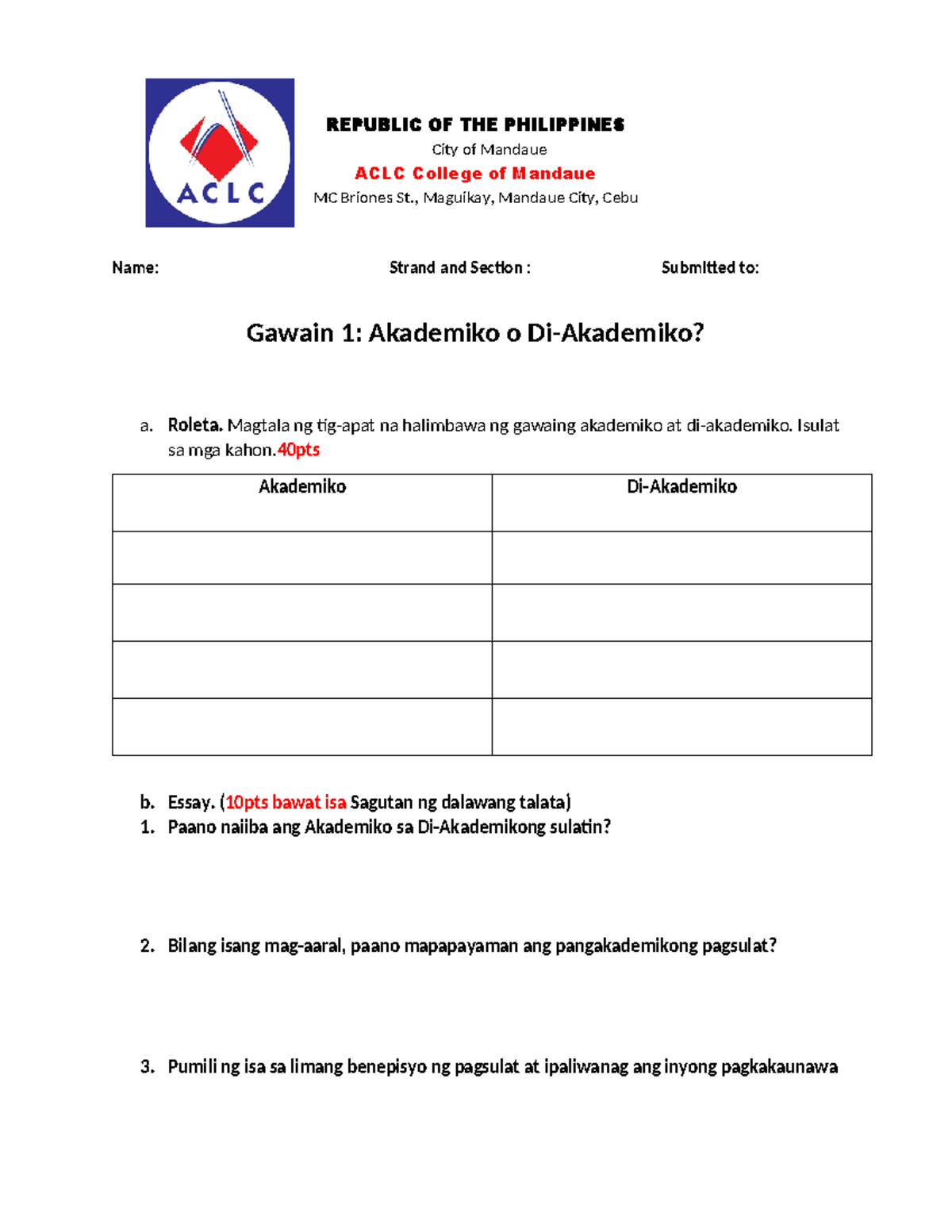 Pagsulatw 1 Agawain-1 - HEHE - REPUBLIC OF THE PHILIPPINES City of ...