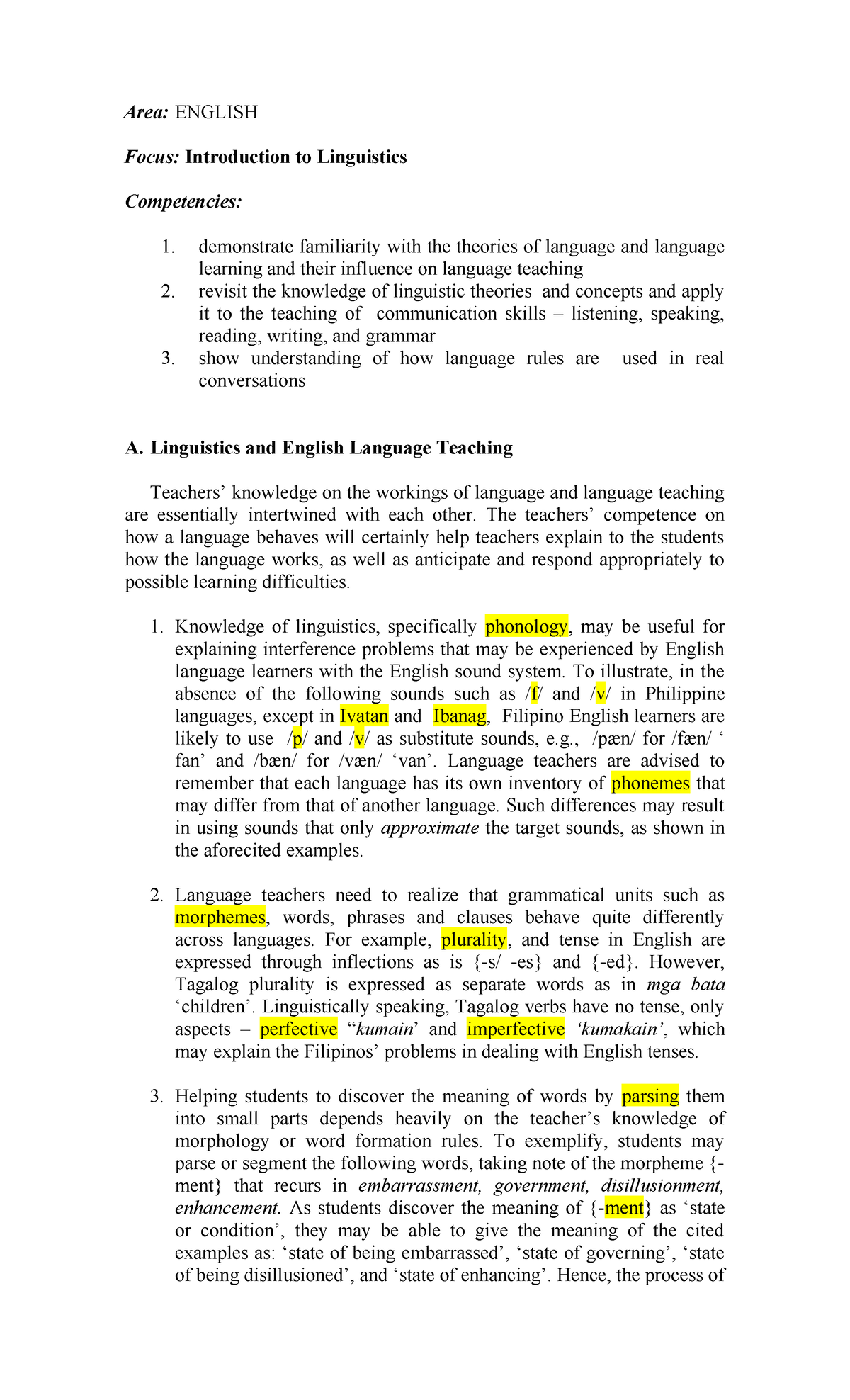 1. Intro to Linguistics - Lecture - Area: ENGLISH Focus: Introduction ...
