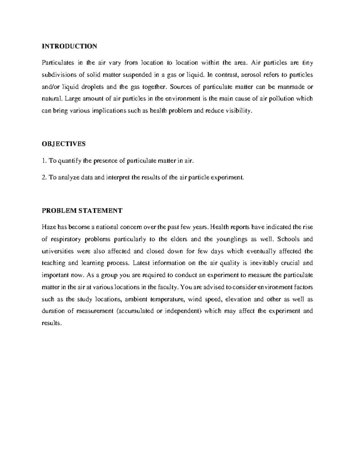 LAB Report AIR Particles - INTRODUCTION Particulates in the air vary ...