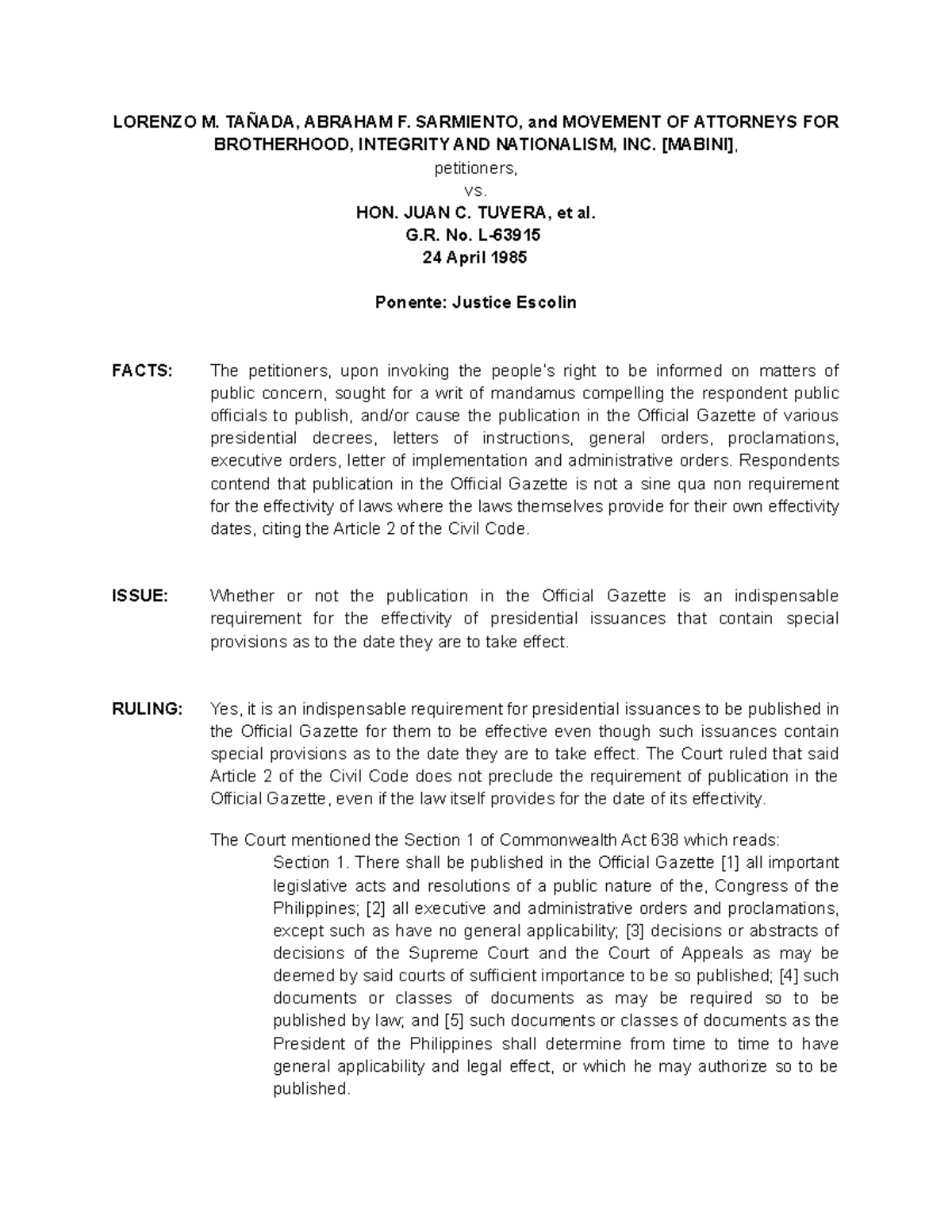 Tanada vs. Tuvera (Publication) - LORENZO M. TAÑADA, ABRAHAM F ...