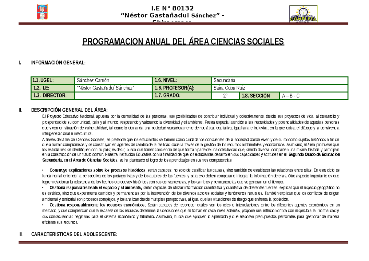 Programacion Anual Saira 2024 CCSS - “Néstor Gastañadui Sánchez” - Shiracmaca PROGRAMACION ANUAL ...