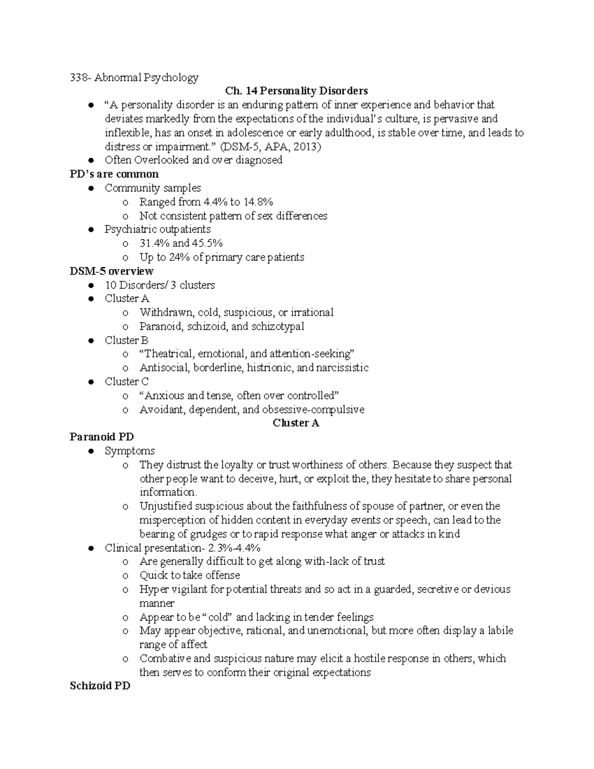 Abnormal Psych Personality Disorders Notes - 338- Abnormal Psychology ...