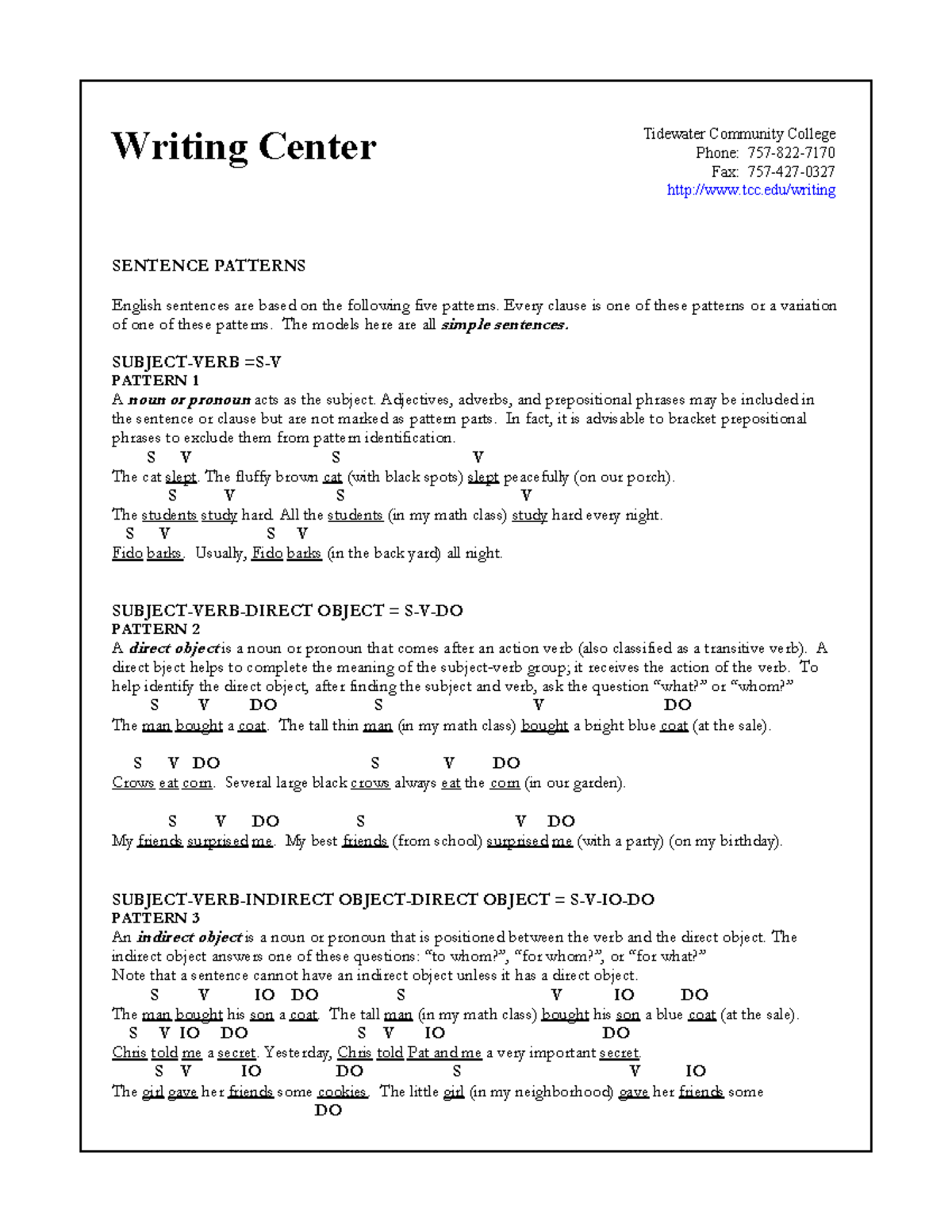 Grammar-sentence-patterns - Writing Center SENTENCE PATTERNS English ...
