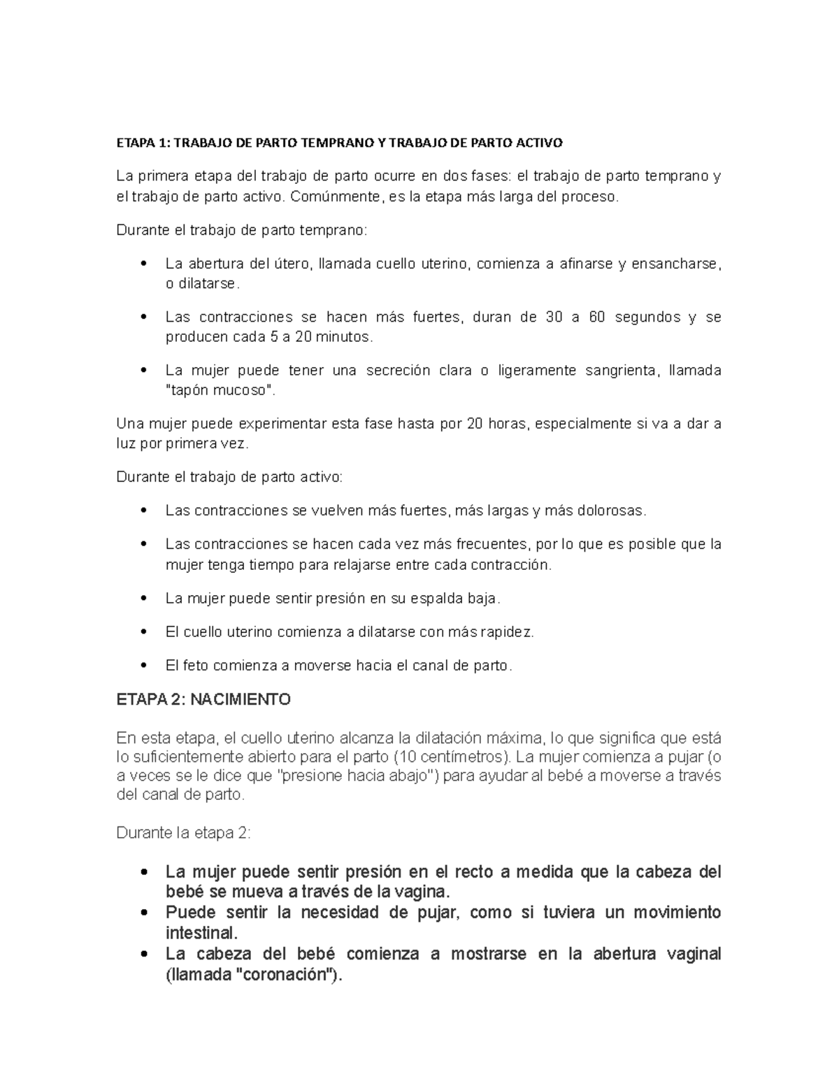 Etapas - Apuntes 2 - ETAPA 1: TRABAJO DE PARTO TEMPRANO Y TRABAJO DE ...