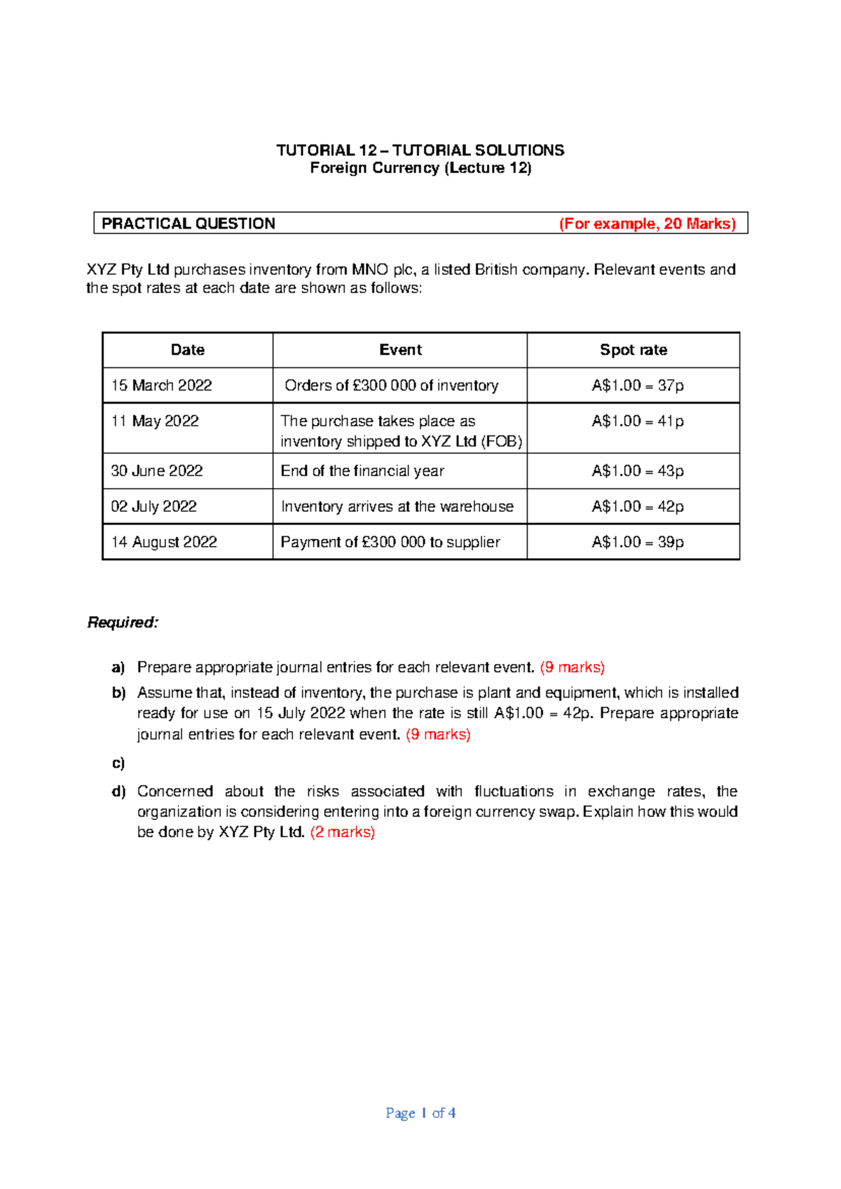 AYB201 L12 Tutorial Solutions (Foreign currency) - TUTORIAL 12 – TUTORIAL SOLUTIONS Foreign ...