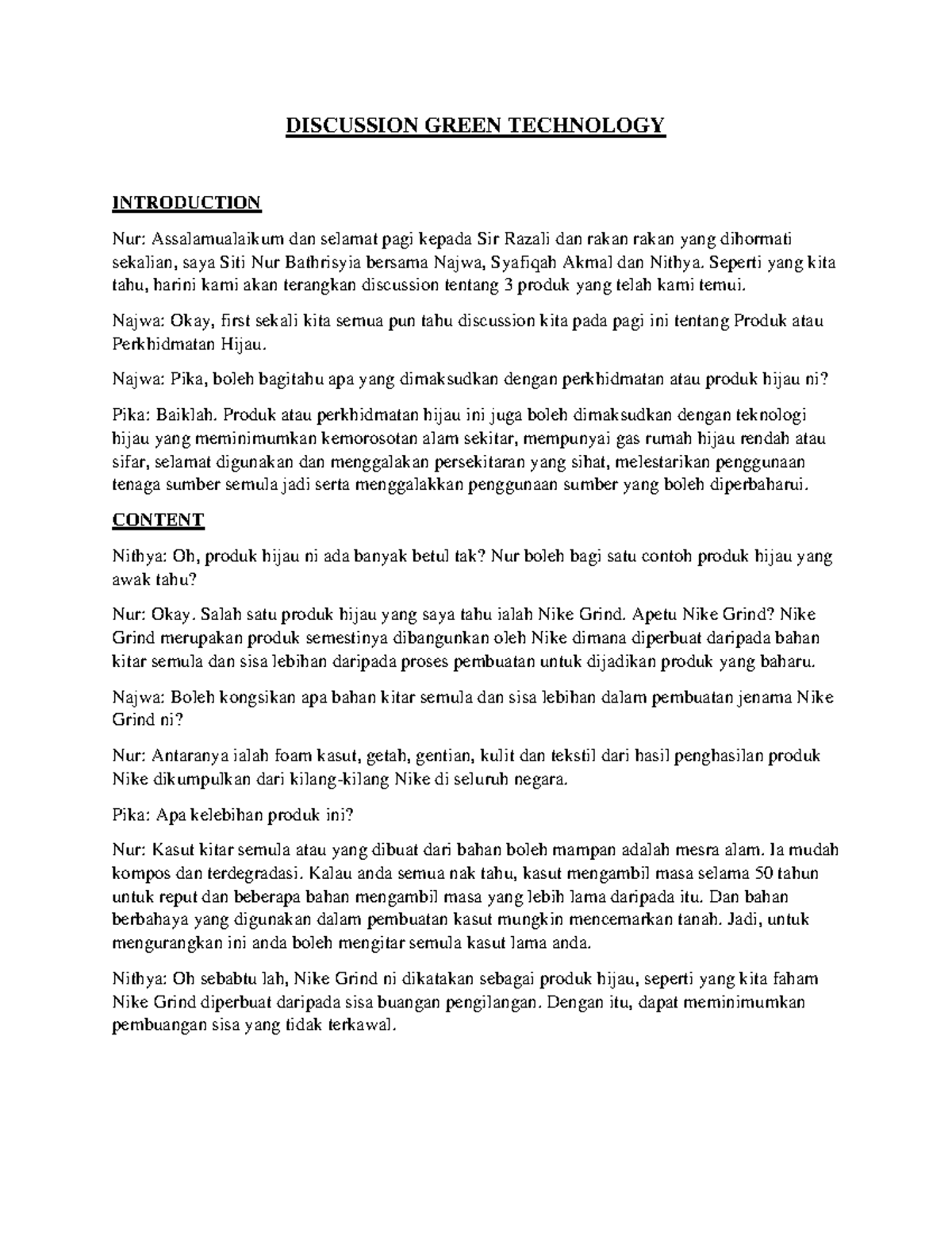 Discussion Green Technology 1 - DISCUSSION GREEN TECHNOLOGY ...