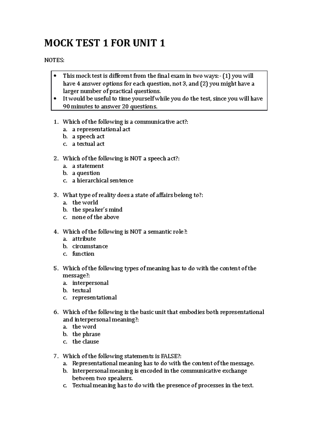 MOCK TEST 1 FOR UNIT 1 - English Grammar - MOCK TEST 1 FOR UNIT 1 NOTES ...