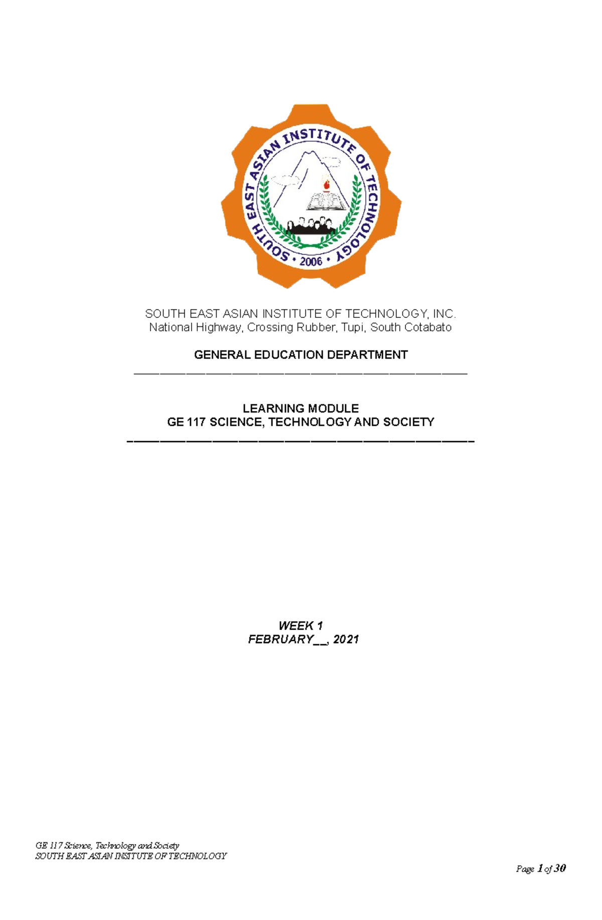 Prelim GE 117 Jez - Pandemic module - SOUTH EAST ASIAN INSTITUTE OF ...