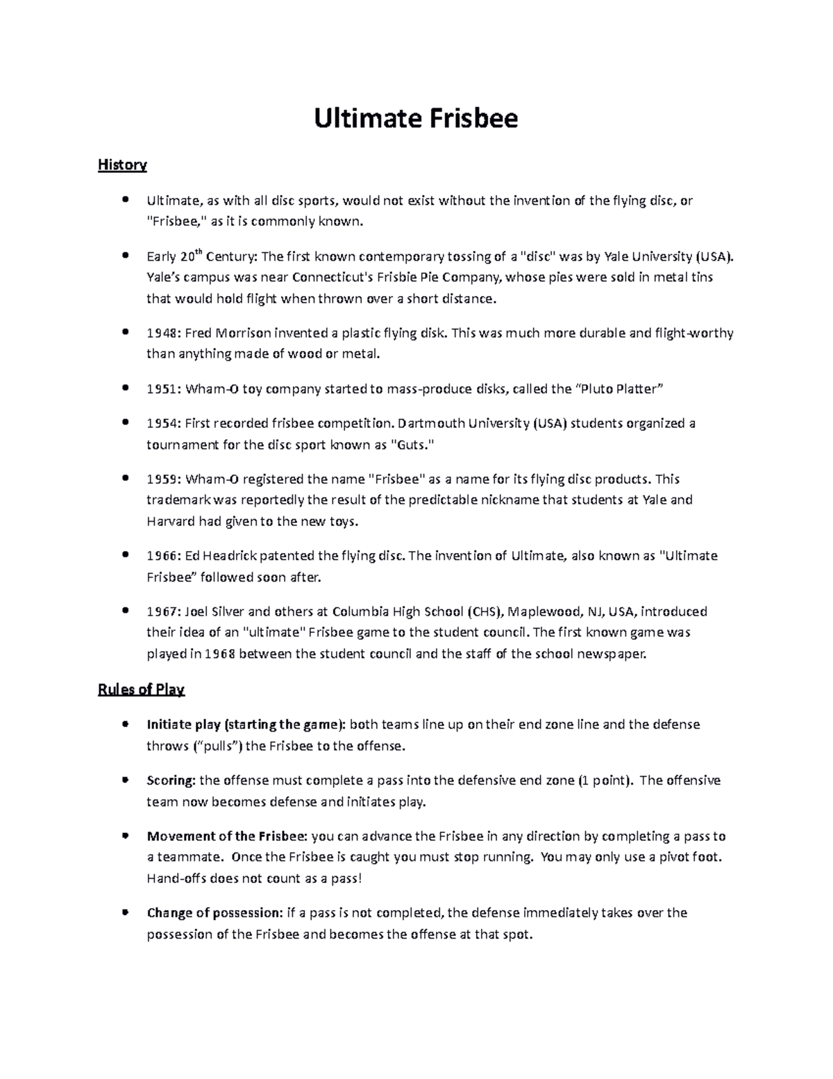 Ultimate Frisbee Study Guide - Ultimate Frisbee History Ultimate, as ...