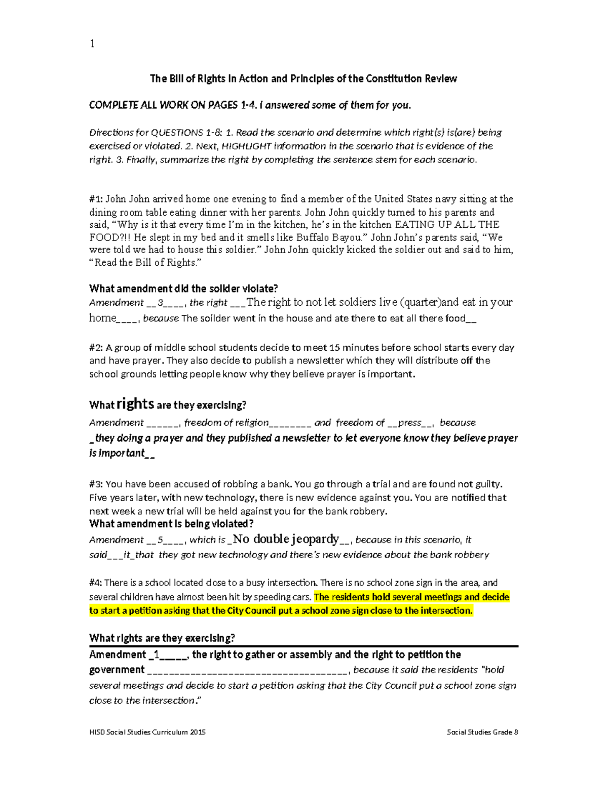 Bill of Rights in Action and Principles Review Onlevel - The Bill of ...