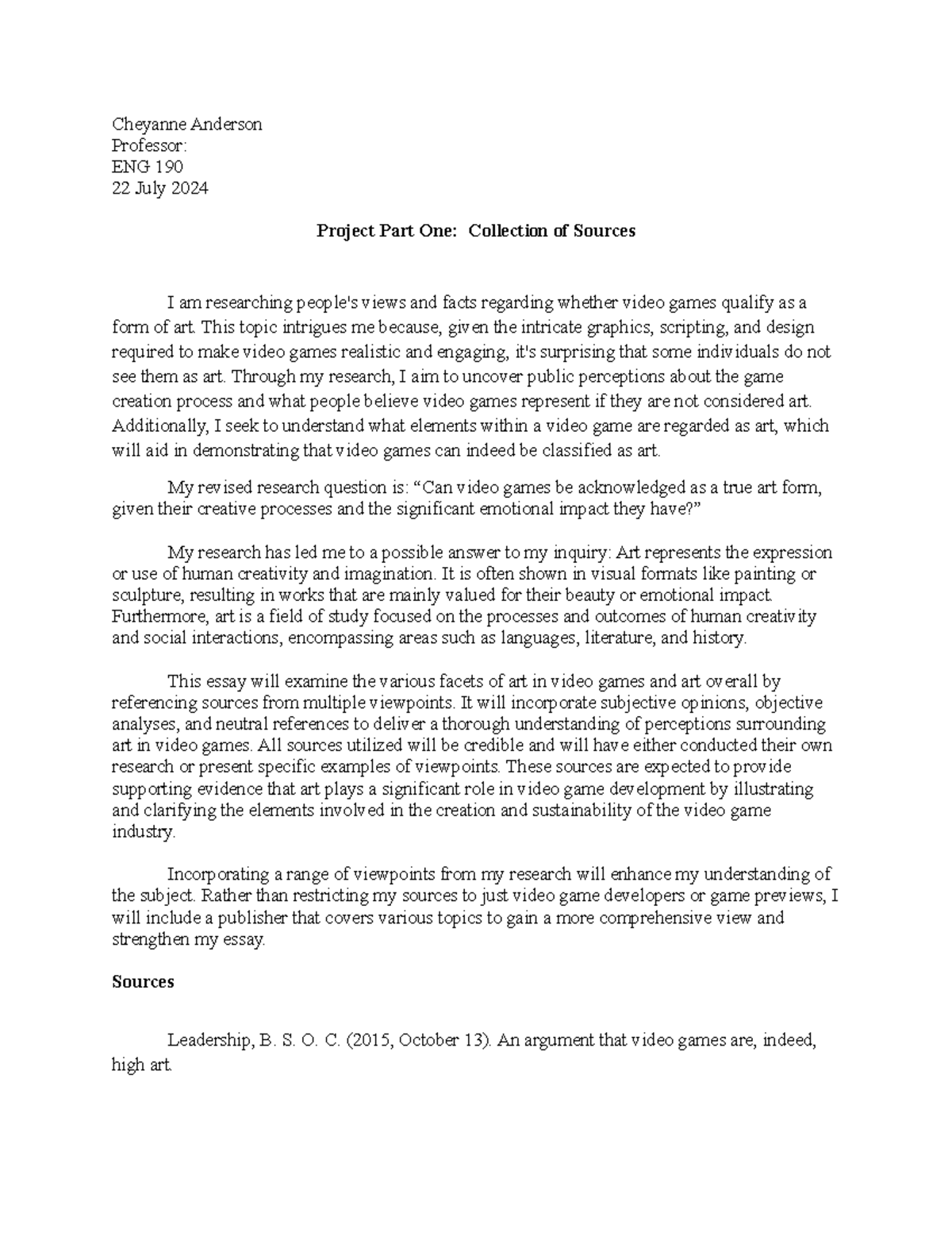 Eng mod 3 - Project Draft One - Cheyanne Anderson Professor: ENG 190 22 July 2024 Project Part ...