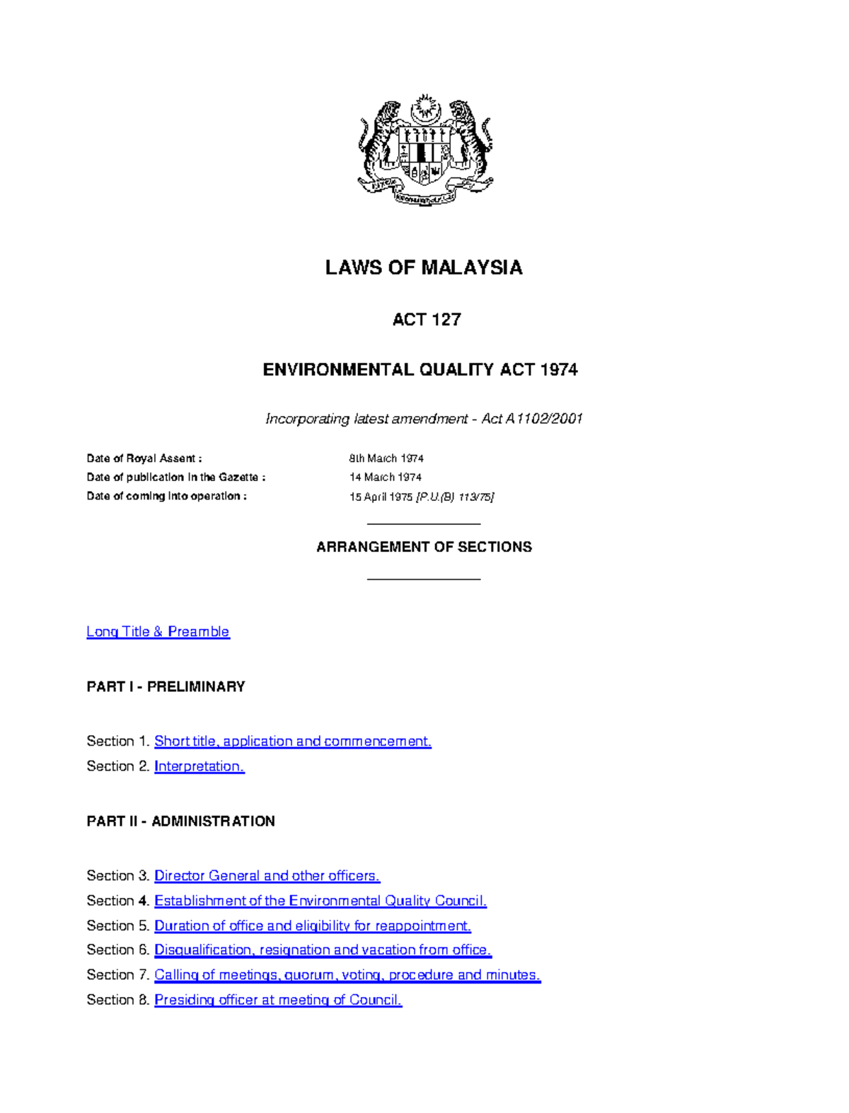 Environmental Quality Act 1974 - ACT 127 - LAWS OF MALAYSIA ACT 127 ...