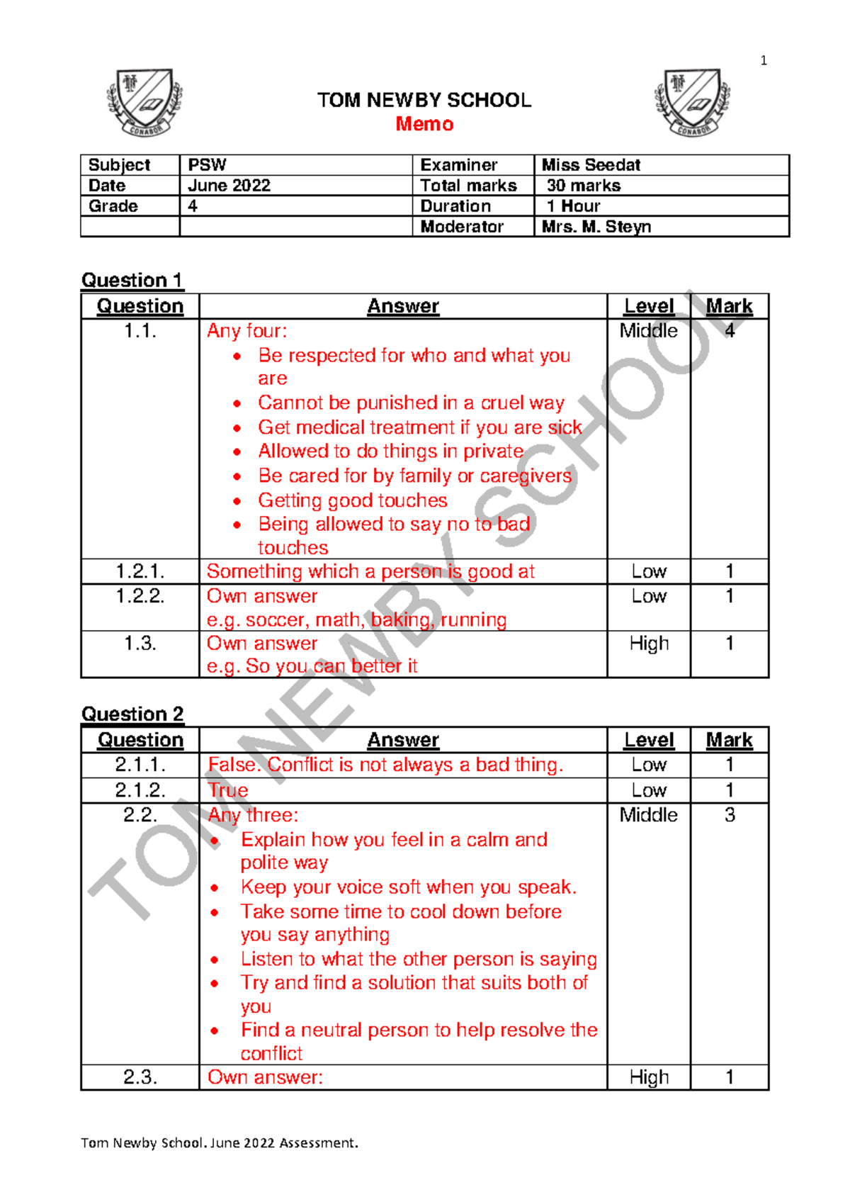 Grade 4 Life Skills Memo June 2022 - 1 Tom Newby School. June 2022 ...