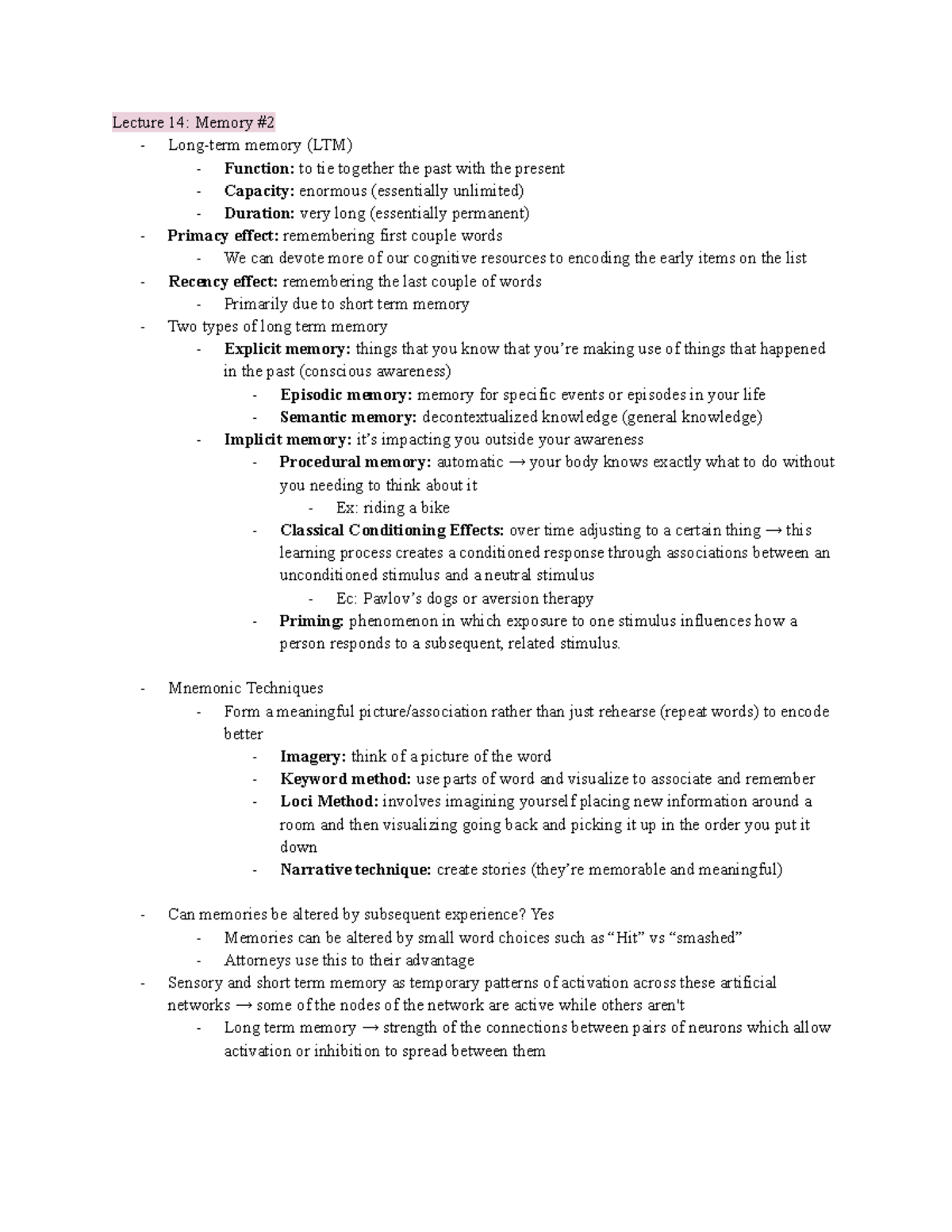 Lecture 14: Memory #2 - Lecture 14: Memory # - Long-term memory (LTM) - Function: to tie ...
