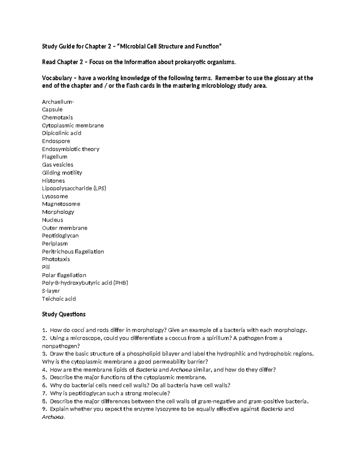 Chapter 2 - Study Guide - Study Guide for Chapter 2 – “Microbial Cell Structure and Function ...