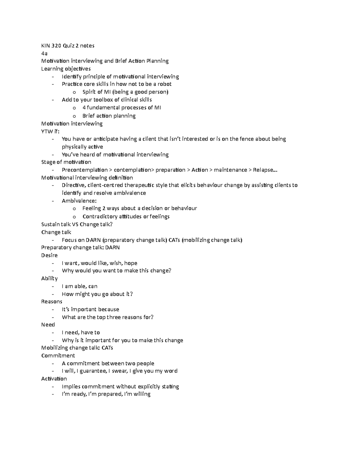 Quiz 2 Notes Quiz 2 KIN 320 Quiz 2 Notes 4a Motivation Interviewing