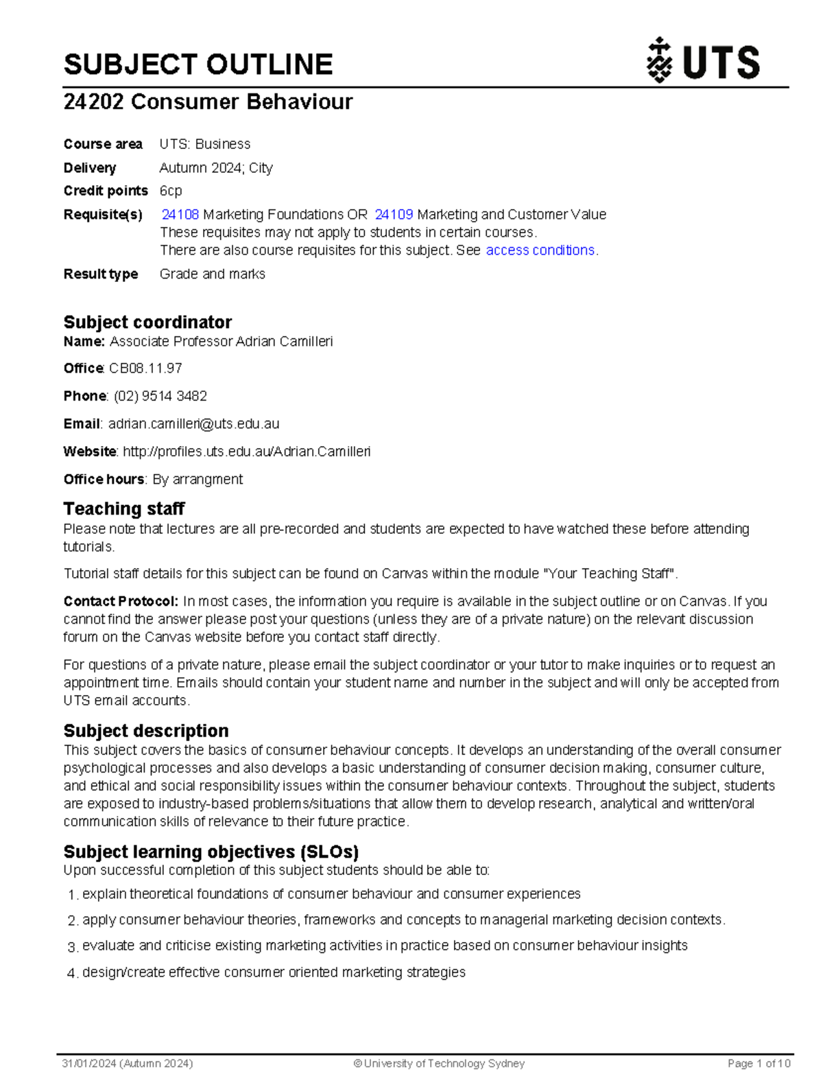 Consumer Behaviour Subject Outline - SUBJECT OUTLINE 24202 Consumer ...