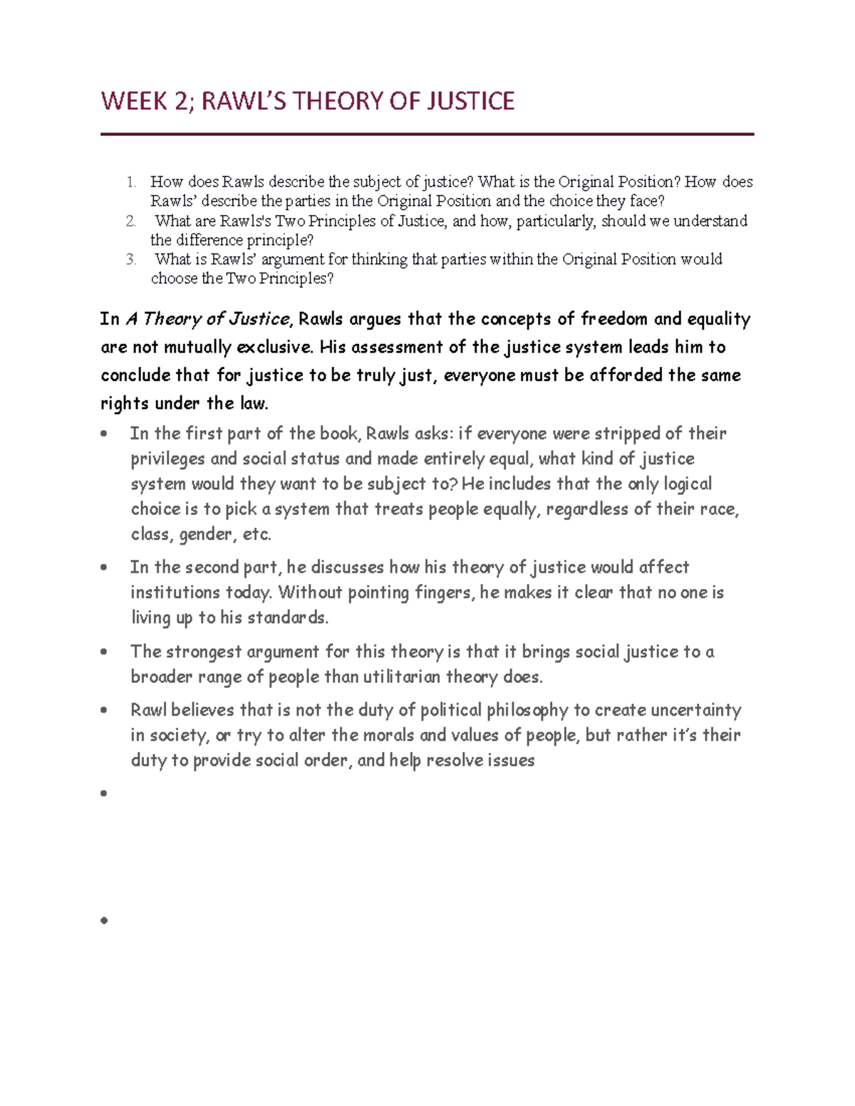WEEK 2 - lecture notes - WEEK 2; RAWL’S THEORY OF JUSTICE How does ...