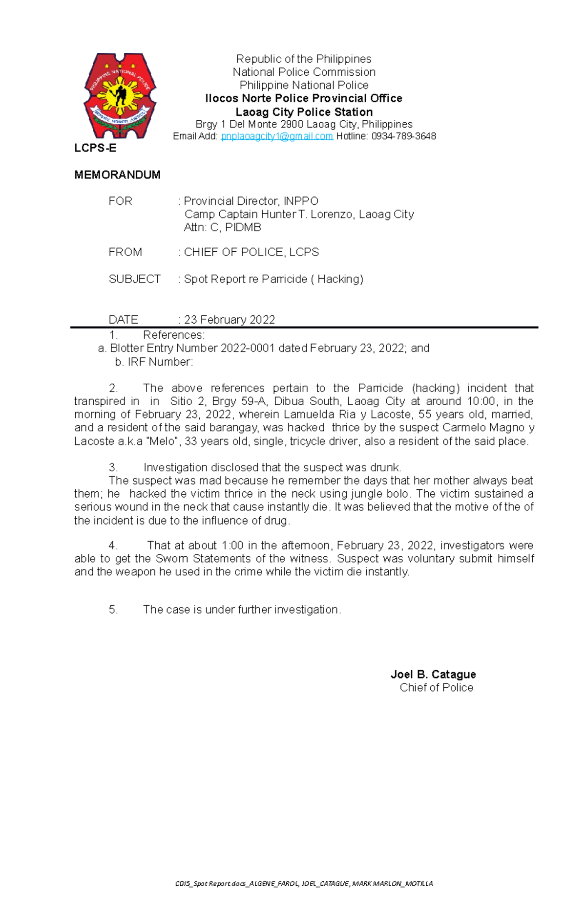 Unfinished spot report - Republic of the Philippines National Police ...