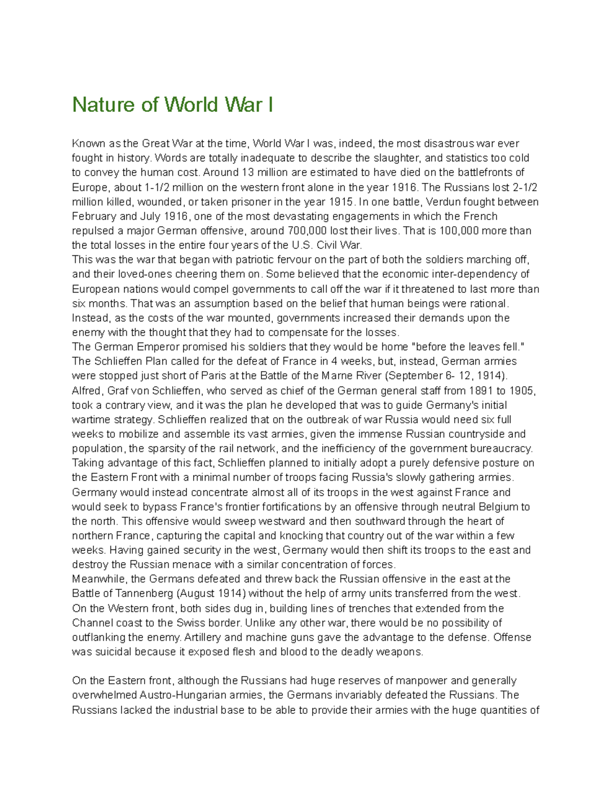 Nature of World War I - Nature of World War I Known as the Great War at ...
