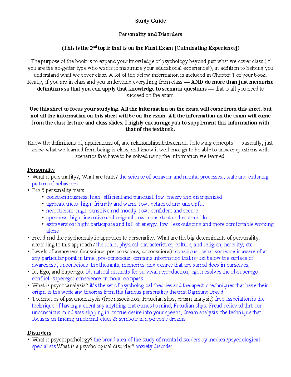 Study Guide Personality and Disorders - Study Guide Personality and ...