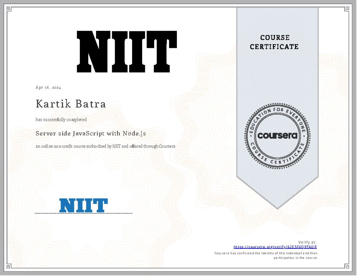 webtech(node) certificate - B.Tech Computer science - A p r 1 6 , 2 02 4 Ka rti k Ba tra Server ...