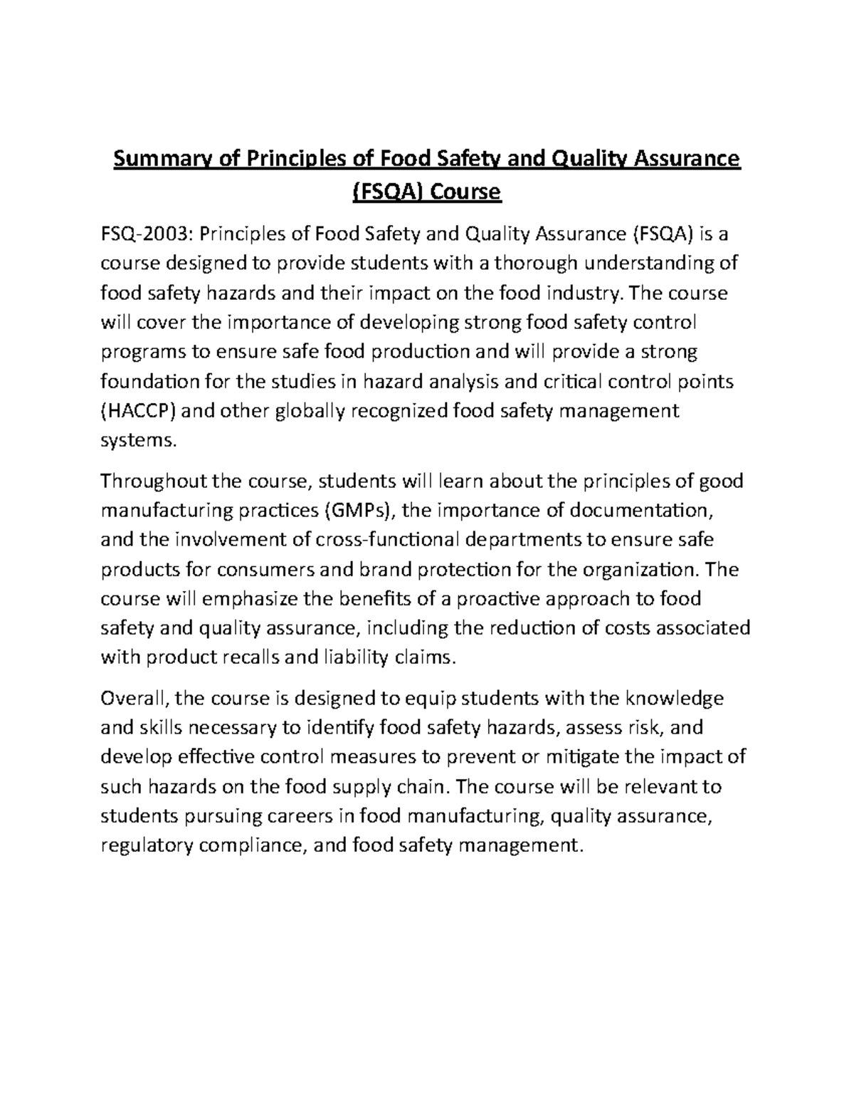 Principles of Food Safety and Quality Assurance (FSQA) - The course ...