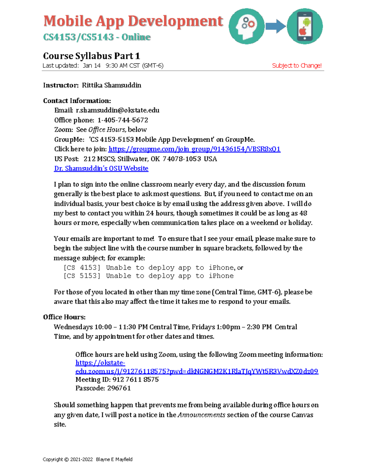 Syllabus Part 1v2- Mobile App Development - CS5153 - OK State - Studocu