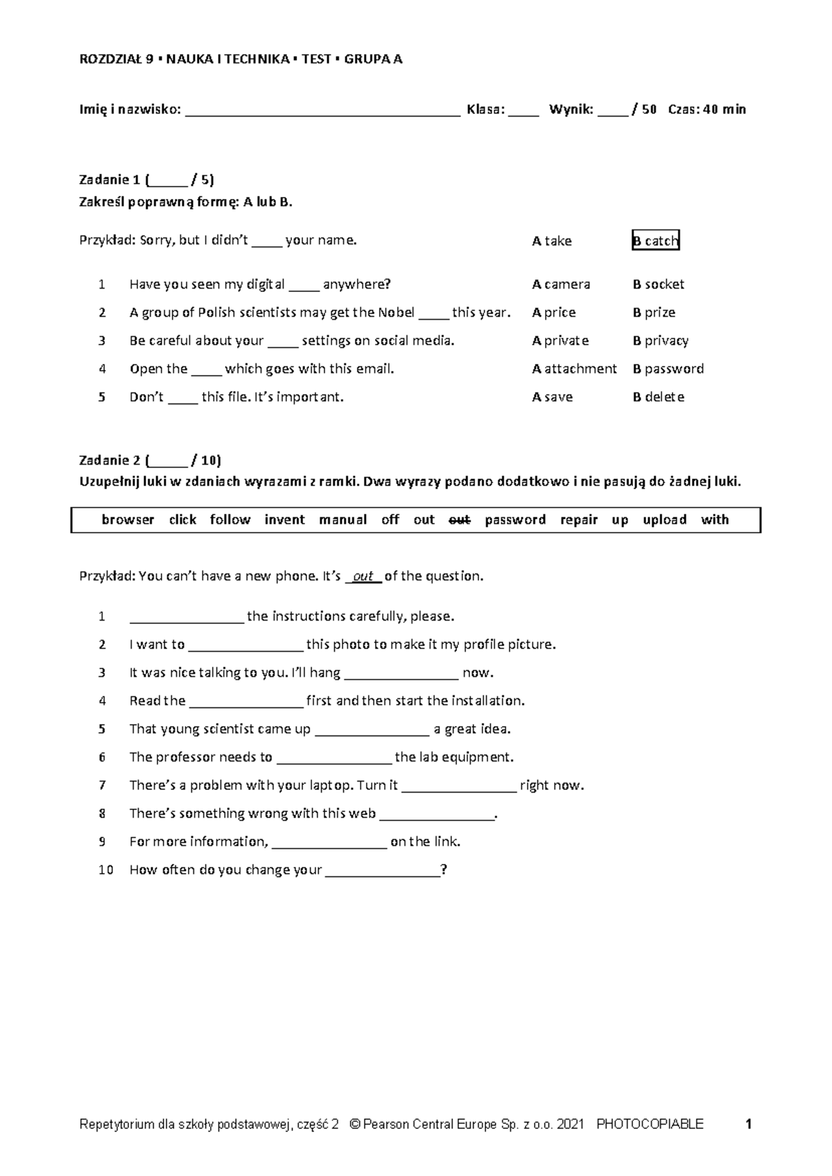 Repet cz2 U9 Test A - gramatyka - Imię i nazwisko ...