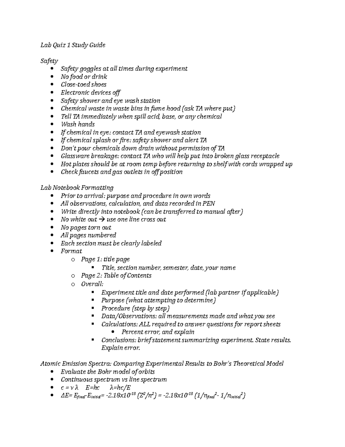Lab Quiz 1 Study Guide copy - Lab Quiz 1 Study Guide Safety Safety ...