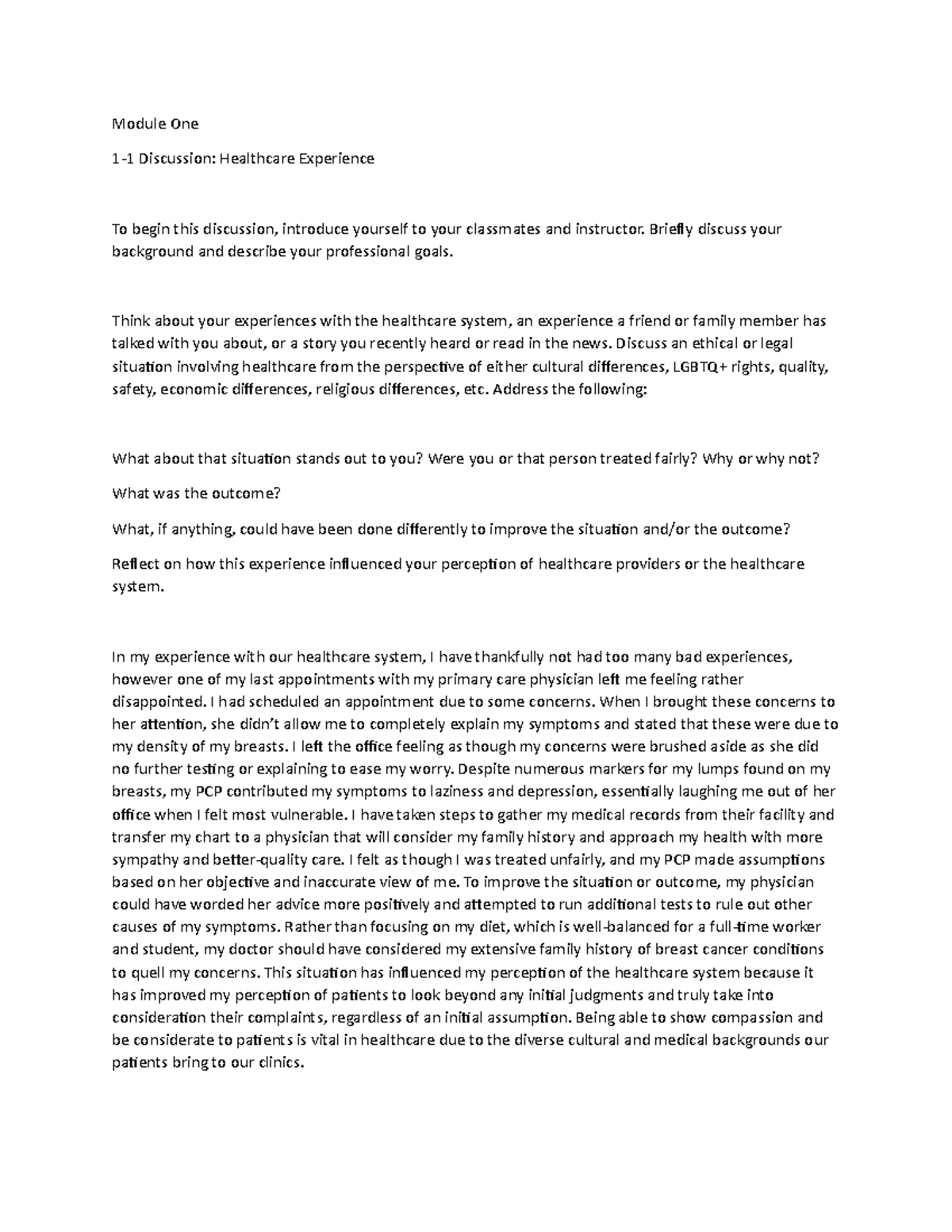 IHP 420 Discussion Healthcare Experience - Module One 1-1 Discussion ...