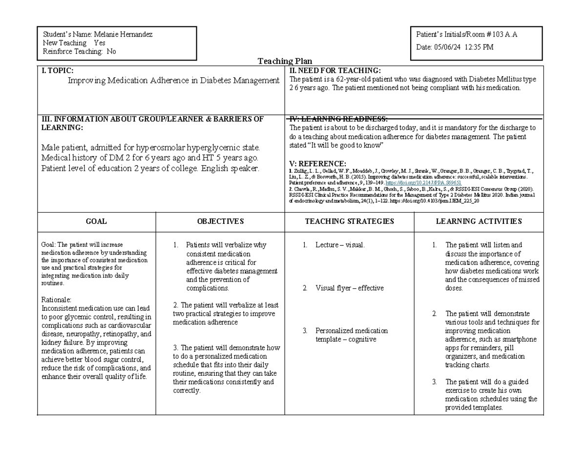 Teaching diabetes - paperwork - Teaching Plan I. TOPIC: Improving ...