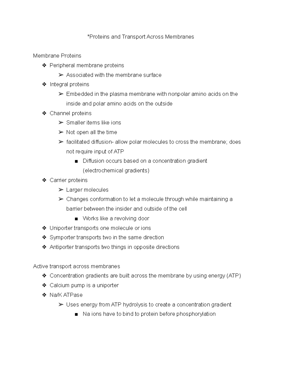 Transport Across Membranes Notes - *Proteins and Transport Across ...