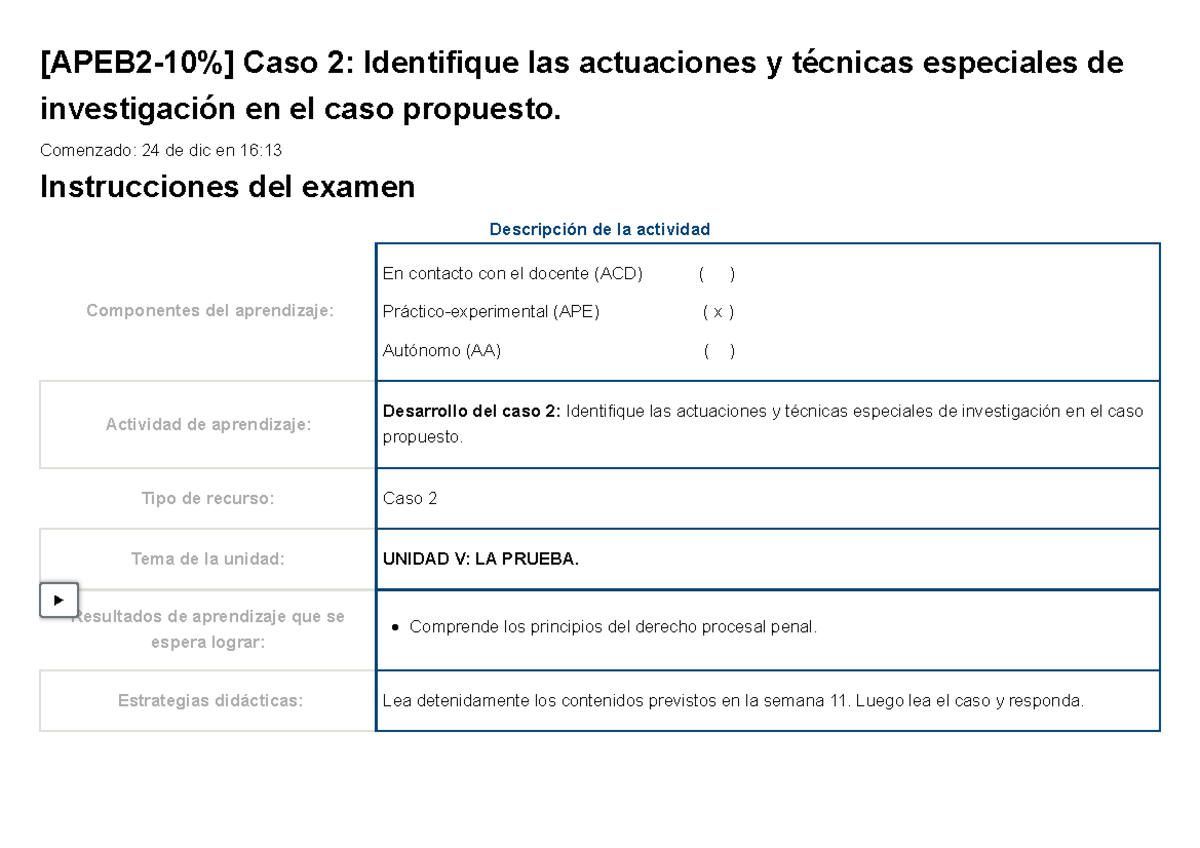 Examen [APEB 2-10%] Caso 2 Identifique las actuaciones y técnicas ...