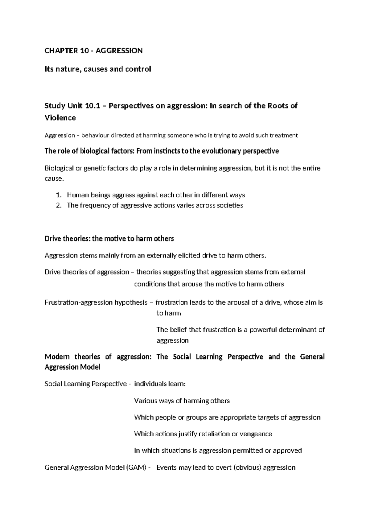 PYC3701-chapter 10 and 11 - CHAPTER 10 - AGGRESSION Its nature, causes and control Study Unit 10 ...