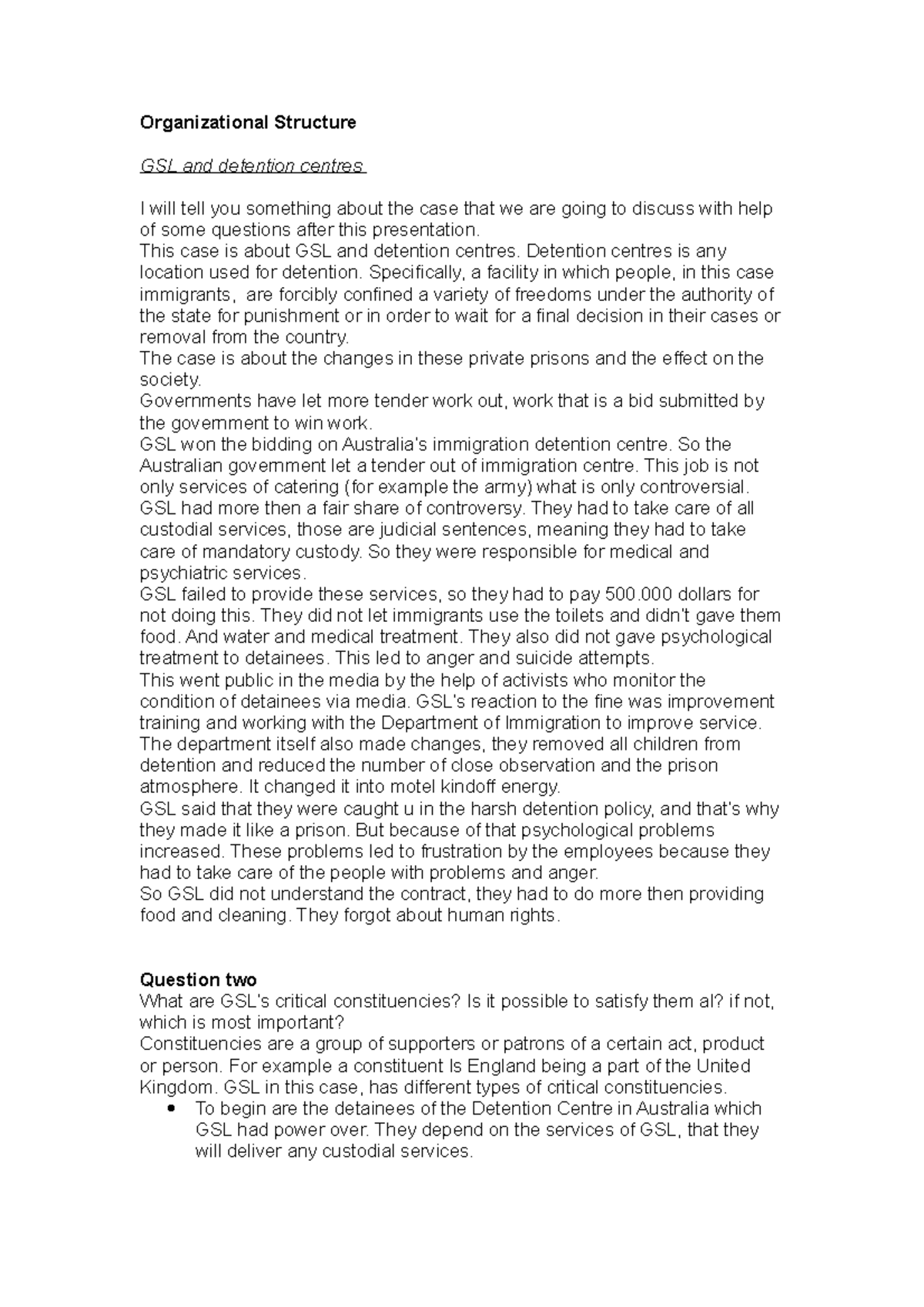 Summary and question 2 OS - Organizational Structure GSL and detention ...