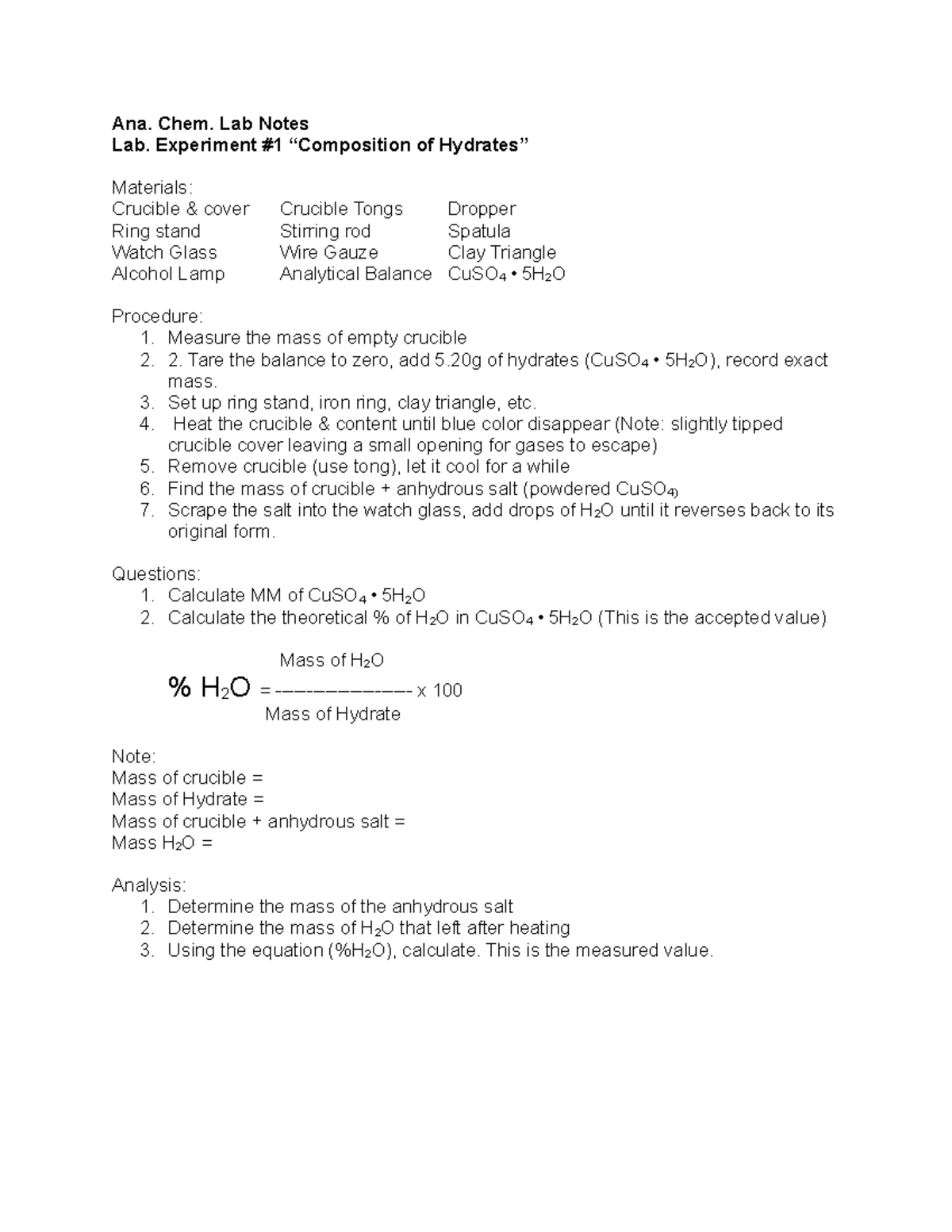 CHM4 Midterm LaboratoryExperiments - Ana. Chem. Lab Notes Lab ...