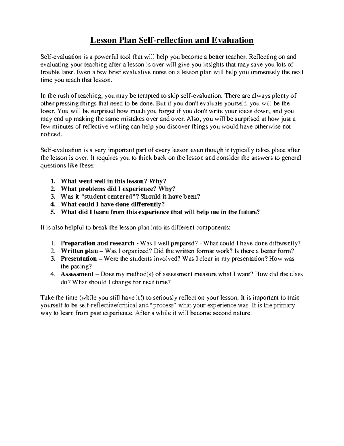 Lesson Plan Reflection Assessment Lesson Plan Self reflection And