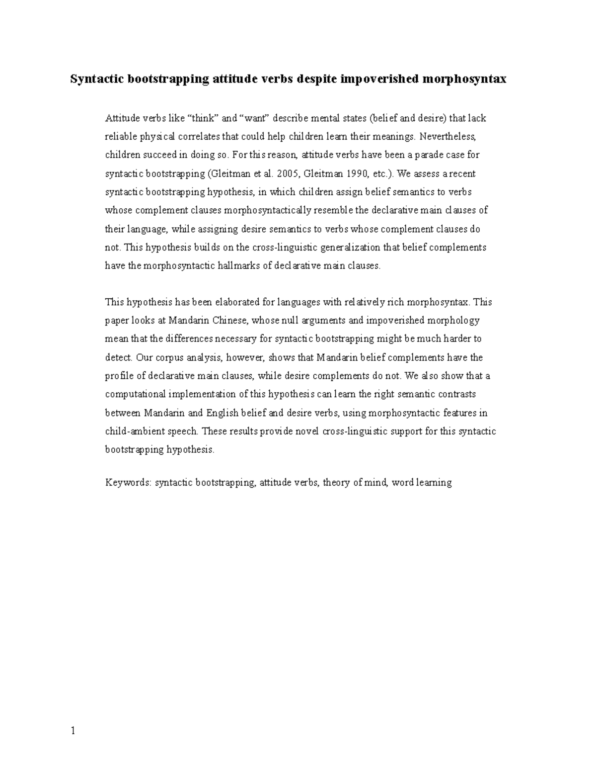 Syntactic bootstrapping attitude verbs despite impoverished morphosyntax - Nevertheless ...