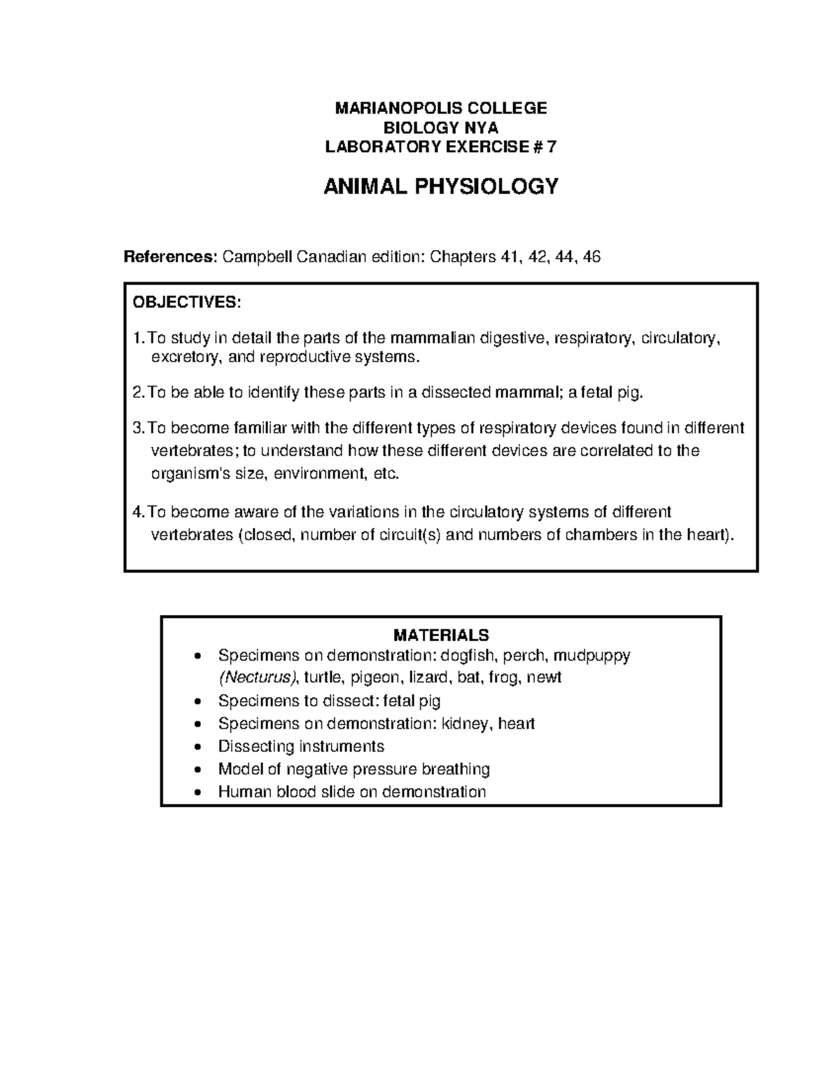 Lab 7 Animal Physiology - MARIANOPOLIS COLLEGE BIOLOGY NYA LABORATORY ...