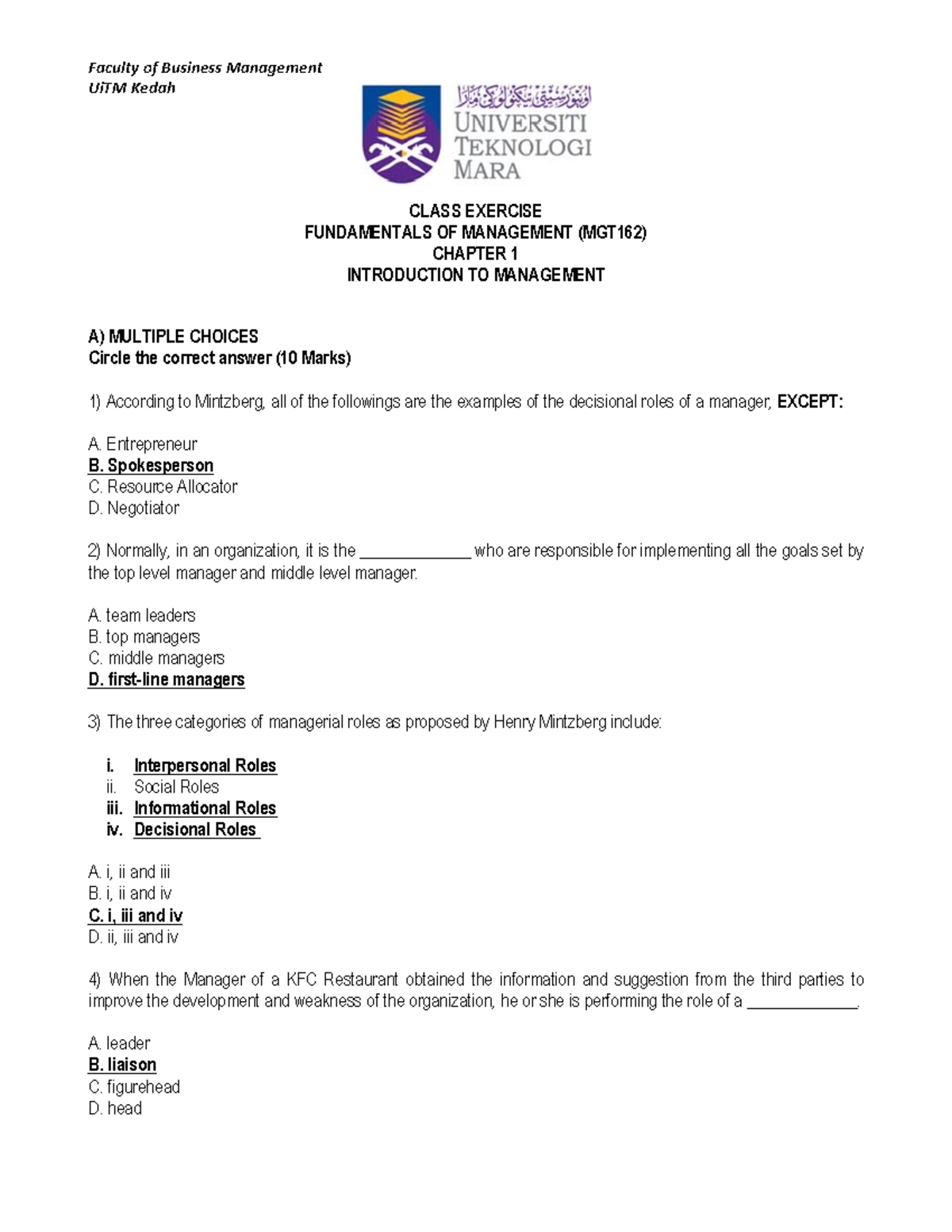 Answer True False MGT162 Chapter 1 - UiTM Kedah CLASS EXERCISE ...