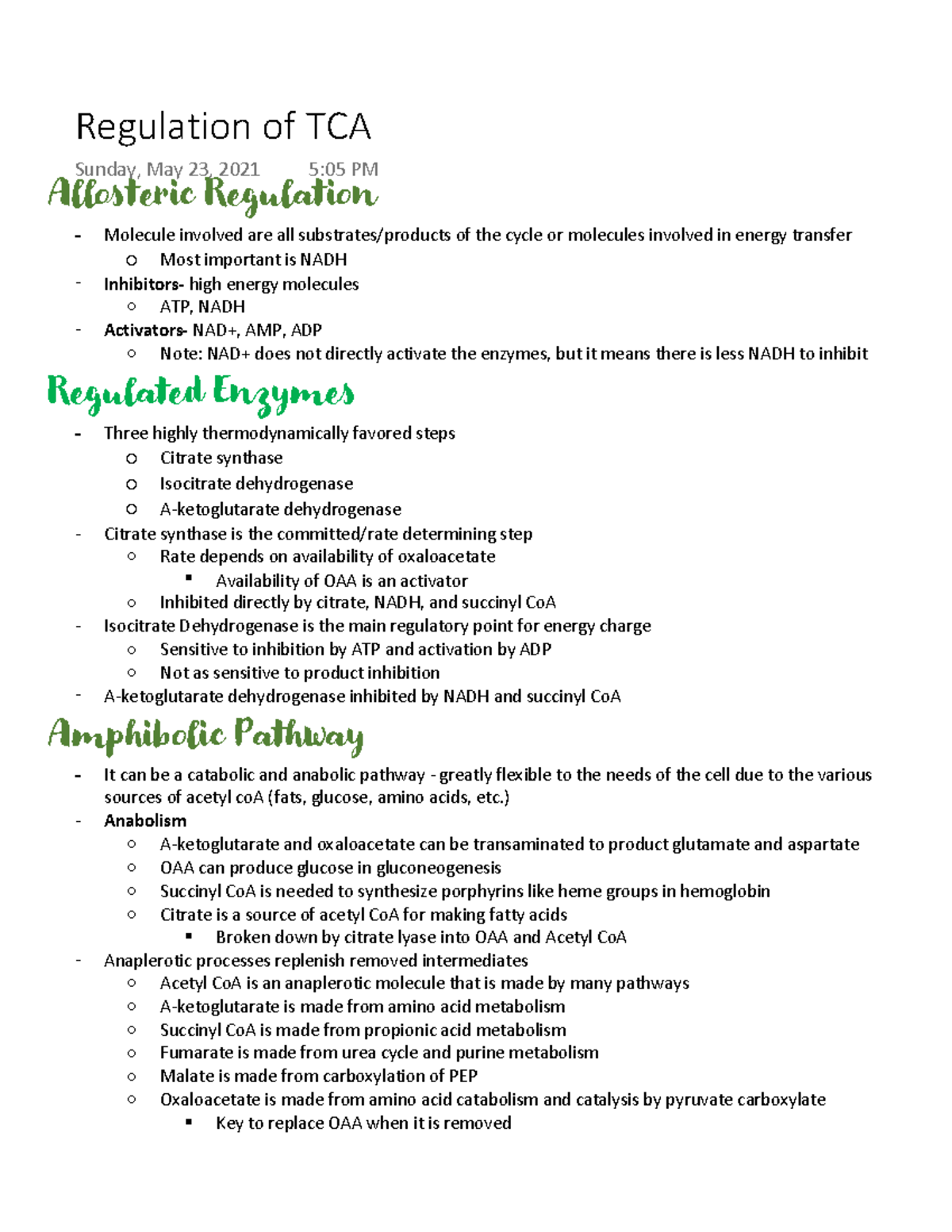 Biochem The Citric Acid Cycle / Krebs Cycle / TCA - Lecture notes Week ...