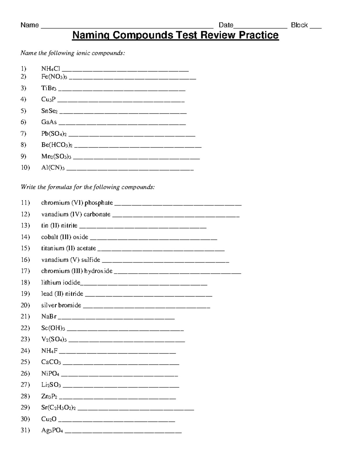 Naming Compounds Practice Worksheet Naming Compounds Test Review