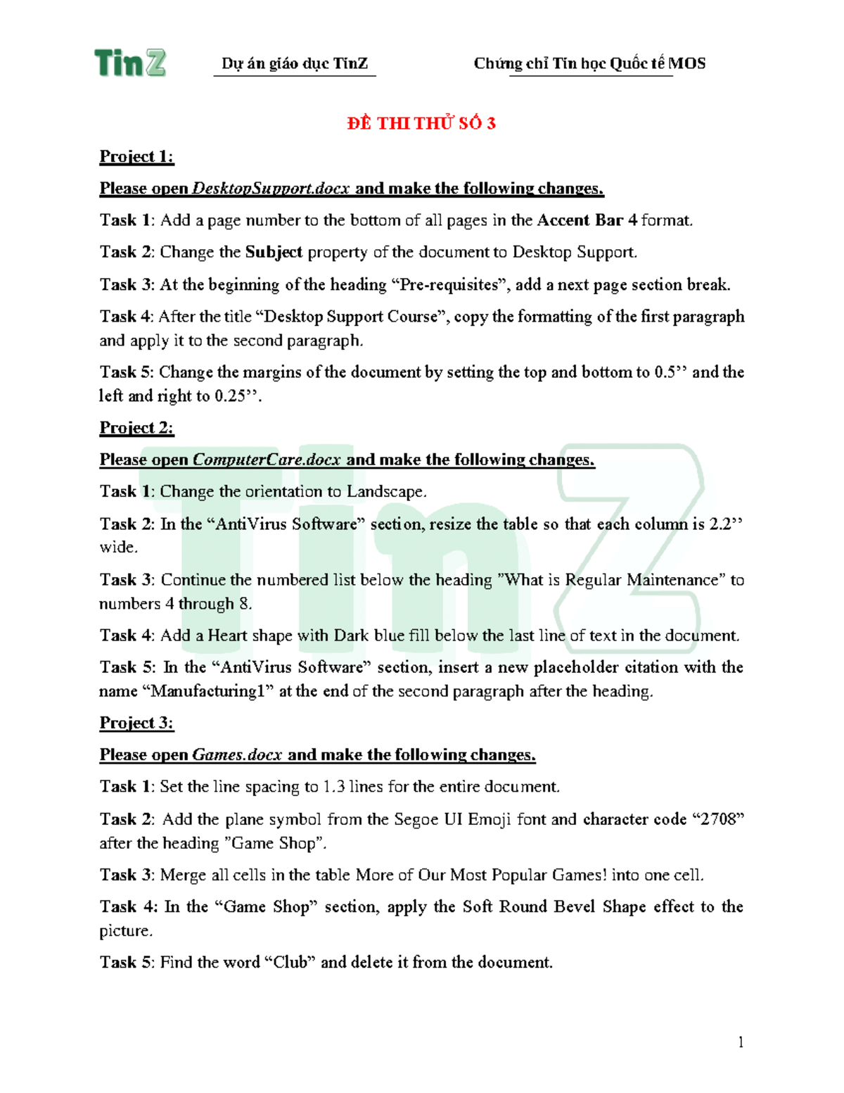 Đề thi thử số 3 - dsfef - 1 Dự án giáo dục TinZ Chứng chỉ Tin học Quốc ...