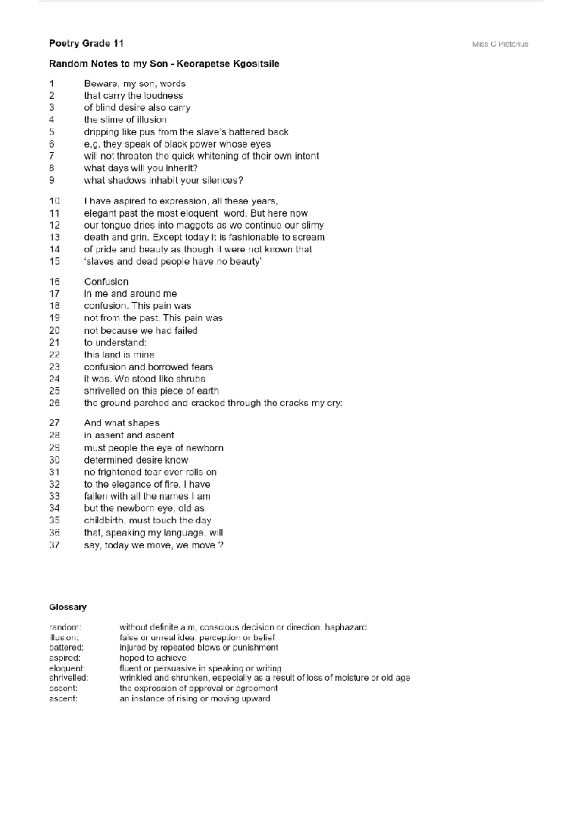 Random notes to my son poem - Poetry Grade 11 Miss C Pistorius Random ...